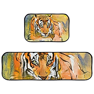 Vantaso Kitchen Floor Mat Rug Siberian Tiger Watercolor Set of 2 Cushioned Non-Slip Comfort Runner Rugs
