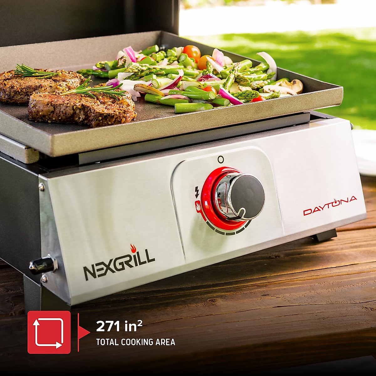 Nexgrill Daytona 1-Burner Portable Gas Griddle with Built-In Lid, 12,000 BTUs, 271 SQ In Cooking Space, Small Tabletop Propane Griddle for Outdoor Cooking, Camping, BBQs, and Parties - 820-0081