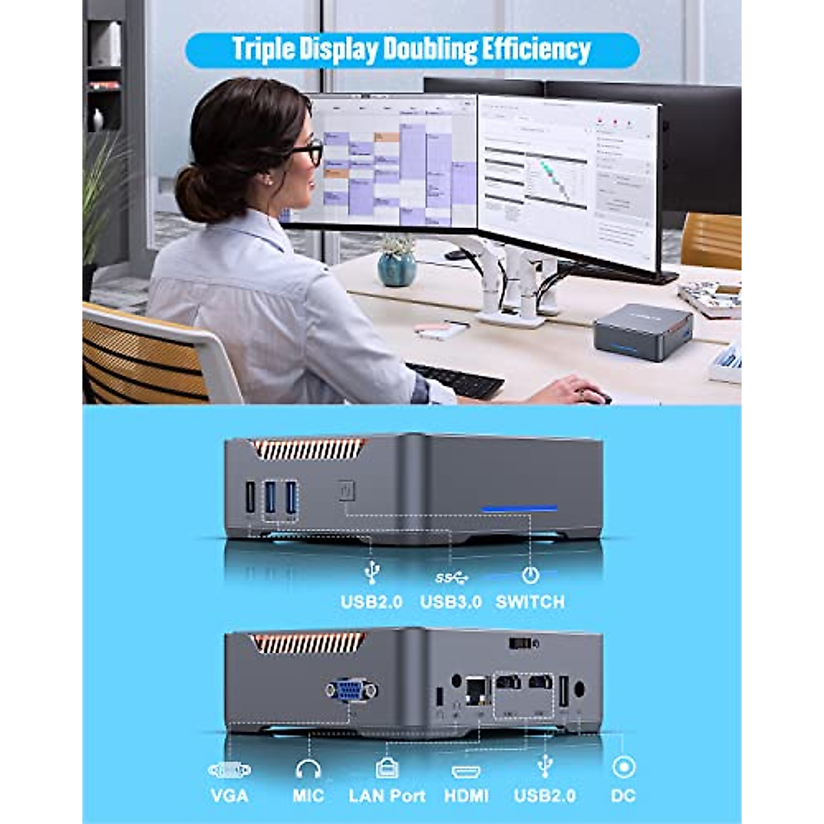 Mini PC Ιntel Celeron N3350 Processor(Up to 2.4GHz), 4GB DDR3 64GB eMMC Mini Computer Windows 10 Pro Desktop Computers Support 2TB Expansion, 4K HDMI Triple Display, Dual WiFi, BT4.2, Gigabit Ethernet