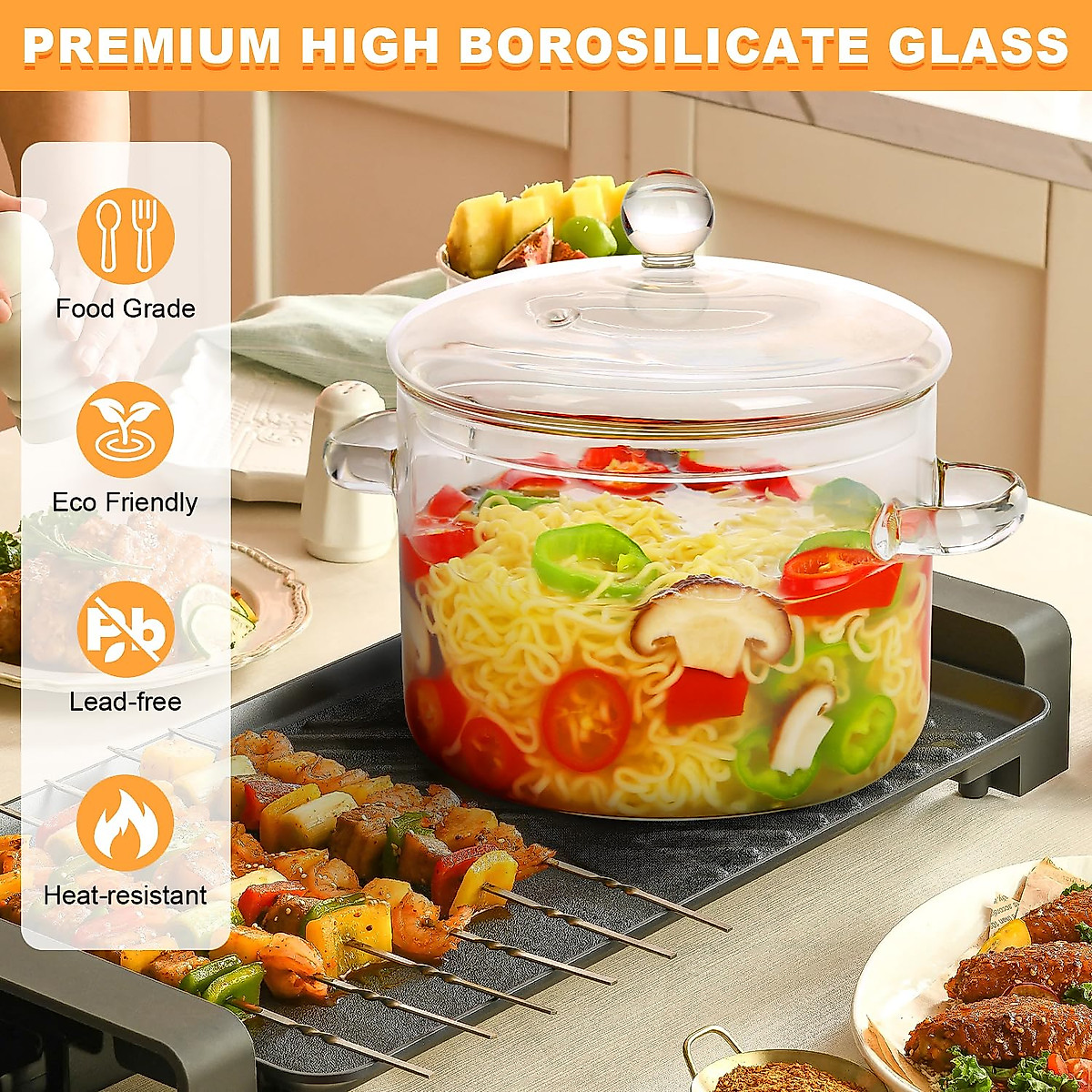Glass Cooking Pot with Lid and Serving Bowl Set (64OZ/1.9L) - Durable Glass Simmer Pot for Stove Top - Clear Pots for Cooking, Potpourri, Pasta, Soup, Ramen, ect (Comes with Silicone Trivet Mat)