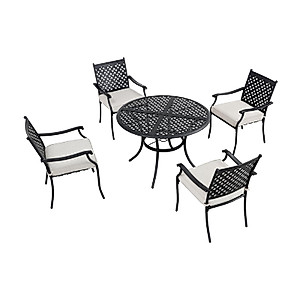 Festival Depot 5 Piece Patio Dining Set of 4 Armchairs with Cushions and Round Black Table with 2.04" Umbrella Hole Wrought Iron Outdoor Furniture for Deck Lawn Poolside (Beige)