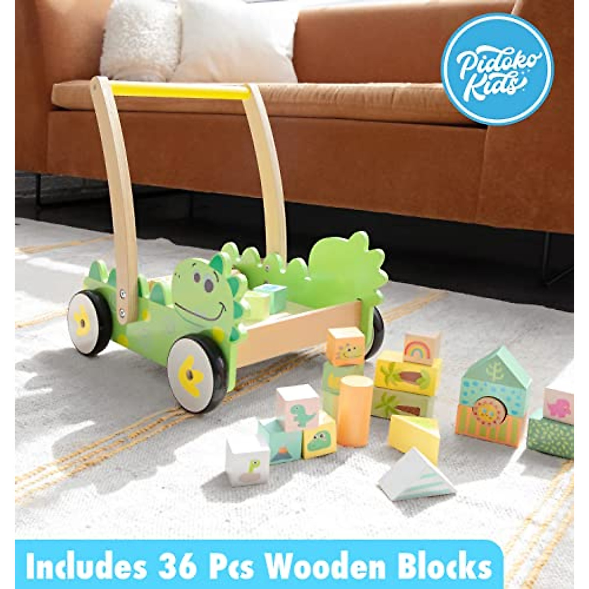 Pidoko Kids Wooden Baby Walker - Toys for 1 Year Old Boy Girl - Push Walker Toy for Babies - Includes Dinosaur Cart, 36 Pcs Building Blocks, Stacking Cups and Book - Learning Walker for Toddlers Gifts