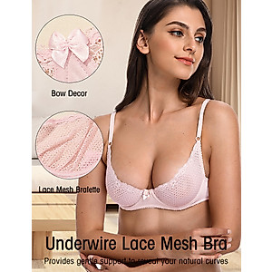 Wingslove Women's Sexy 1/2 Cup Lace Bra Balconette Mesh Underwired Demi Shelf Bra Unlined See Through Bralette (Light Pink, 36A)
