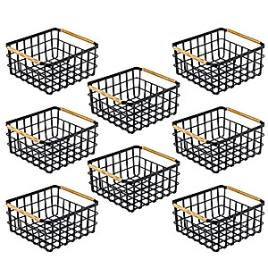 mDesign Metal Wire Storage Organizer Basket with Bamboo Wood Handles for Kitchen Pantry, Rustic Farmhouse Bin to Store Fruit, Coffee, Spices, Supplies, Yami Collection, 8 Pack, Matte Black/Natural/Tan