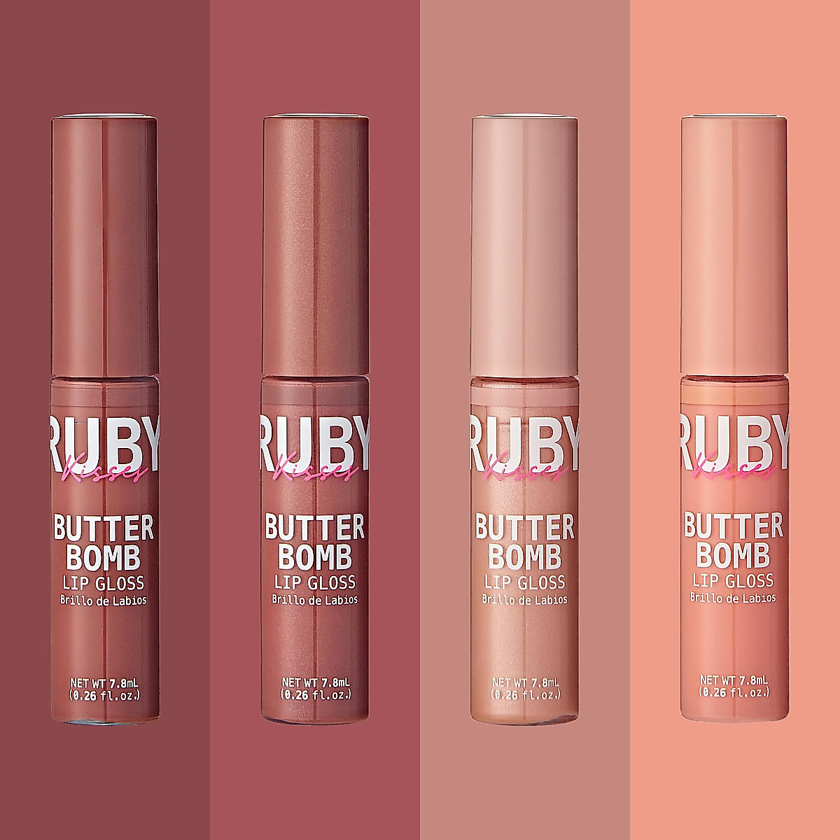 Ruby Kisses Lip Gloss Butter Bomb Gloss Non-Sticky Lip Gloss Vitamin E Natural Nude Lip Makeup- 7.8mL (0.26 US fl.oz) (Blind Date, Beau, Gloss, Babydoll)