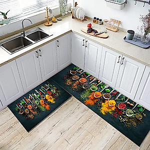 GUBIYU Cooking Herbs Spices Kitchen Rugs Kitchen Mat Bath Rug Floor Door Mats Non Slip Doormat Soft Runner Carpet Home Decor Chili Pepper Decorations Mats for Kitchen Floor 17.7X29.5+17.7X59 Inches