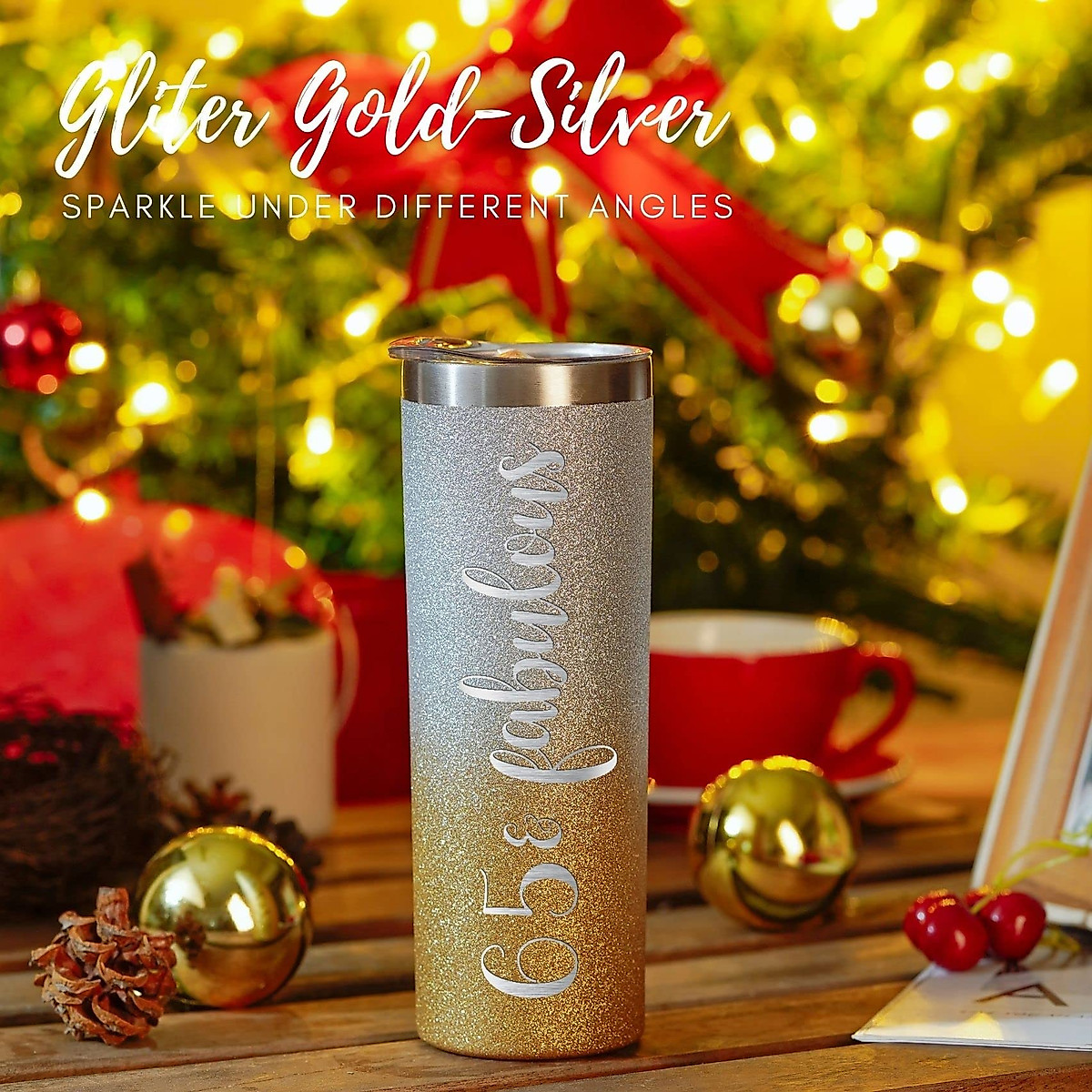 Onebttl 65 & Fabulous 20 Oz Insulated Stainless Steel Wine Tumbler, 65th Birthday Gifts Party Supplies Decorations for Women Funny Tumbler Gifts Idea for Friends Her Wife Mom Coworkers, Glitter Gold