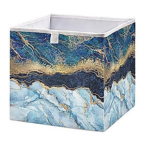 Marble Blue Gold Collapsible Open Storage Bins, Foldable Toy Nursery Storage Basket Bin Cloth Cube Rectangular Organizer with Handles for Shelves Closet Home Decor