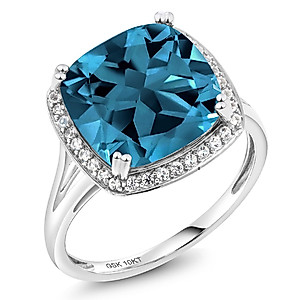 Gem Stone King 10K White Gold London Blue Topaz and White Created Sapphire Engagement Ring For Women (8.54 Cttw, Cushion 12MM, December's Gemstone Birthstone, Available In Size 5,6,7,8,9)