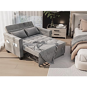 Buenhomino 3-in-1 Convertible Sofa Bed, Pull-Out Sofa Bed Multi-Functional Sleeper Couch, 48'' Loveseat Bed Chaise Lounge w/Hidden Side Table & Adjustable Backrest for Living Room, Small Space Gray