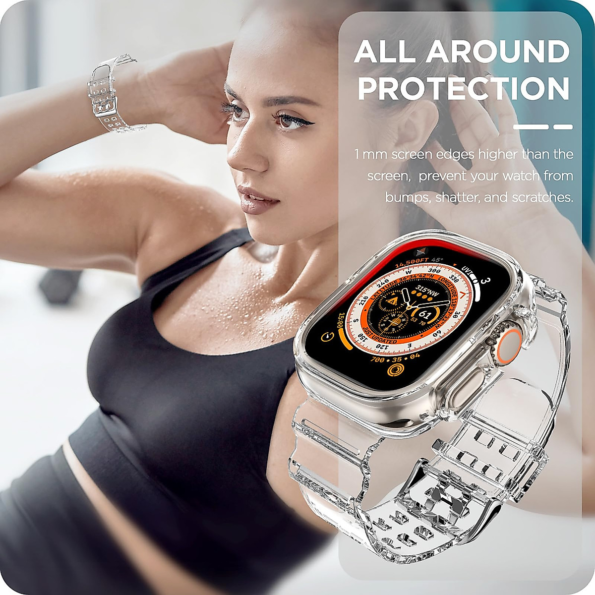 DABAOZA Compatible for Clear Apple Watch Band with Bumper Case 49mm, Women Men Glitter Bling TPU Sport Strap for iWatch SE Ultra Series 10 9 8 7 6 5 4 3 2 1（ClearCrysta,49）