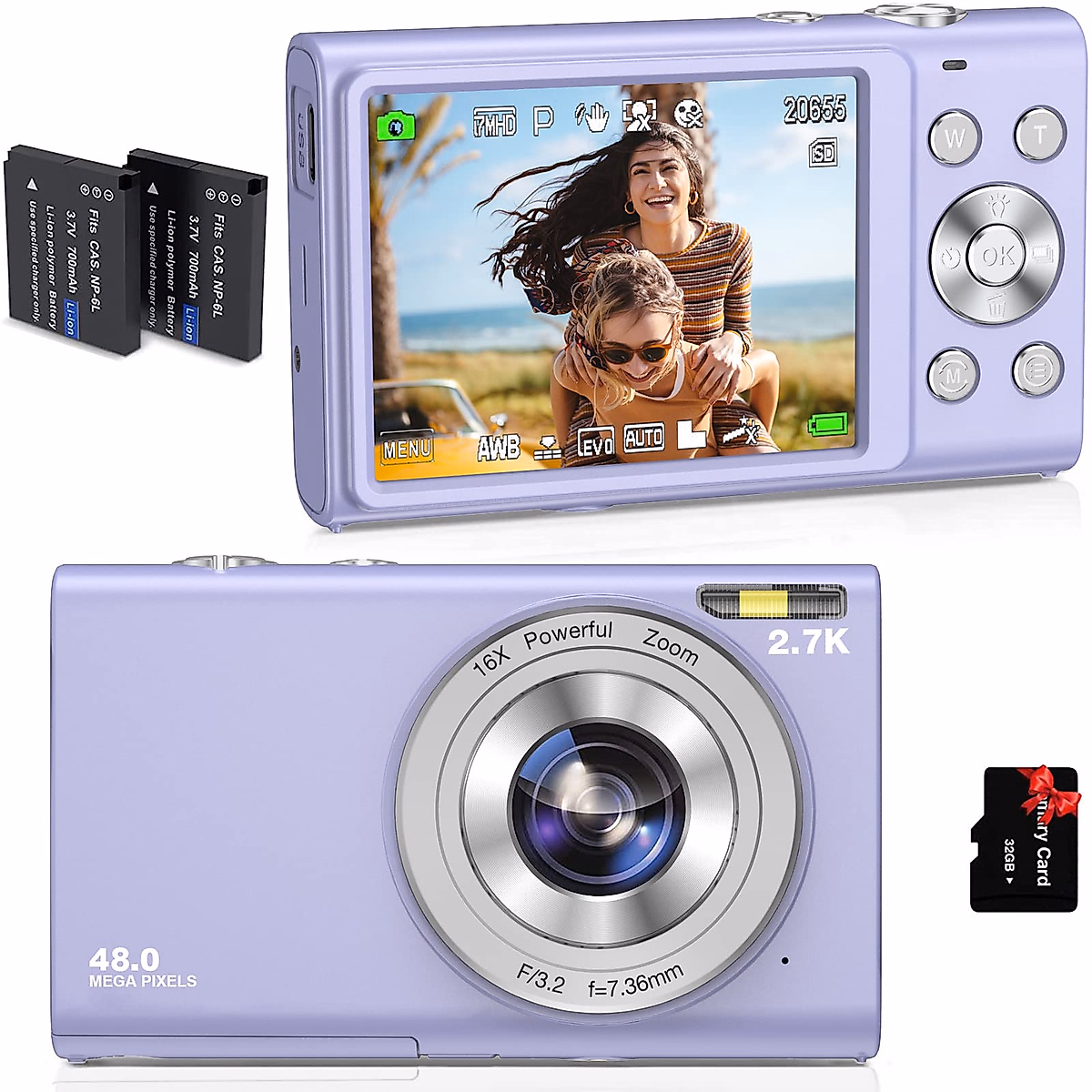 Jckduhan Digital Camera Auto Focus 2.7K Vlogging Camera HD 48MP 16X Digital Zoom Camera with 32G Memory Card 2 Batteries YouTube Portable Mini Compact Camera for Kids Teens Adult Beginner