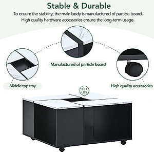 Modern Coffee Table with Storage & Casters, Coffee Tables for Living Room Cocktail Table with Removable Tray, Living Room High Gloss White Marble Top Center Table for Home Office