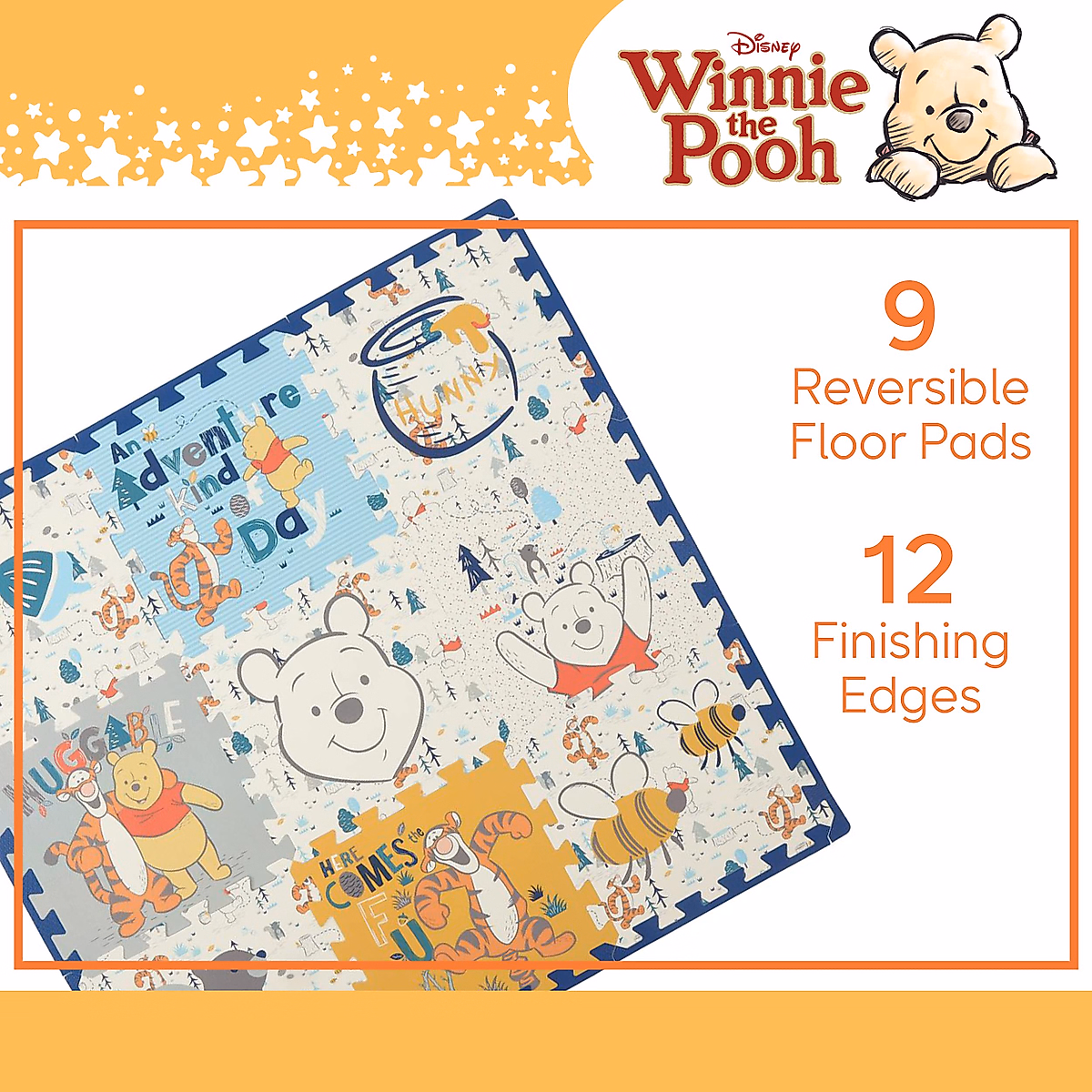 Disney Winnie The Pooh EVA Foam Mat, Winter Prairie Interlocking EVA Foam Flooring Tiles, Yellow, 36 x 36 Inches