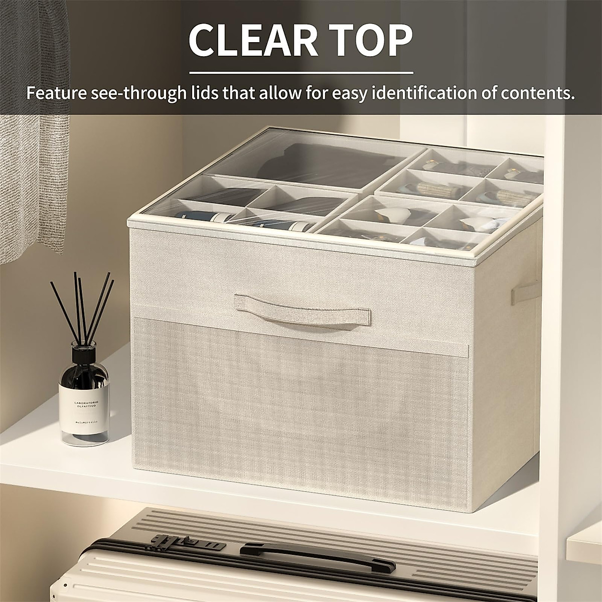 Aokeyee Shoe Organizer for Closet,Foldable Shoe Storage Organizer Box Bin w/Adjustable Dividers and Clear Cover, Fits up to 16 Pairs (Beige)