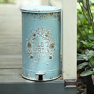 Z&Z ornamentorum Blue Trash Can 4.5 Gallon Retro Kitchen Trash Can with Lid and Pedal Round Touchless Garbage Cans with Flower and Bird Patterns Outdoor Trash Can for Kitchen Park Garden