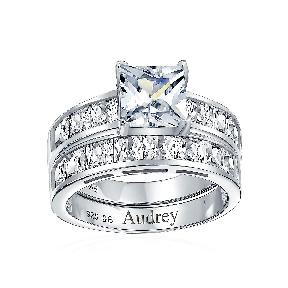 Personalize Traditional 2CT Brilliant Princess Cut Solitaire Side Stonecat CZ Square Anniversary Band Engagement Wedding Ring Set For Women .925 Sterling Silver Customizable