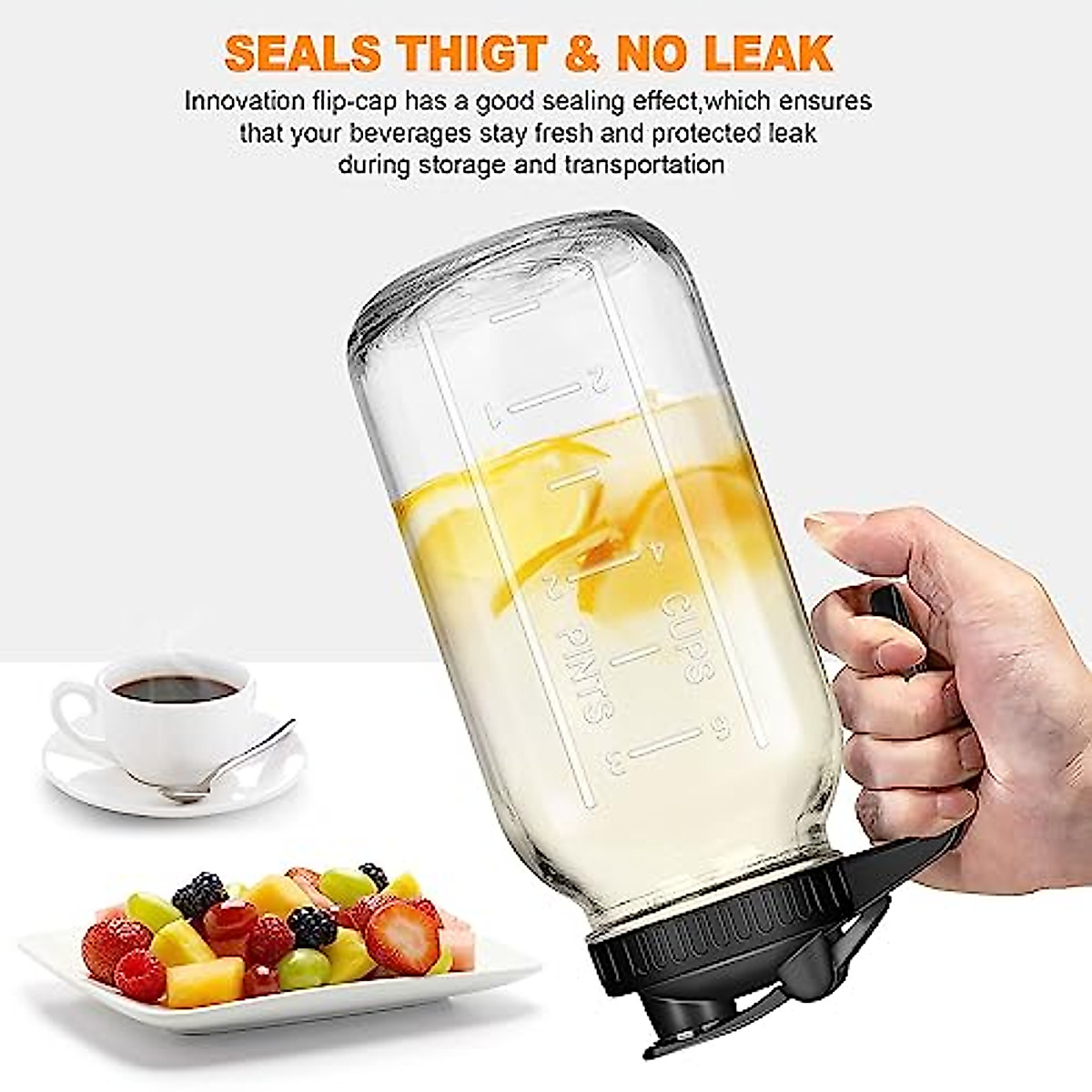 Nevfiro Mason Jar Pitcher with Pour Spout Handle Lid, 2Pack 32OZ Thick Glass Pitcher with Lid, Leak-proof Glass Pitcher Wide Mouth for Brew Coffee, Ice Beverage, Juice, Lemonade, Sun Tea, Fruit Drink