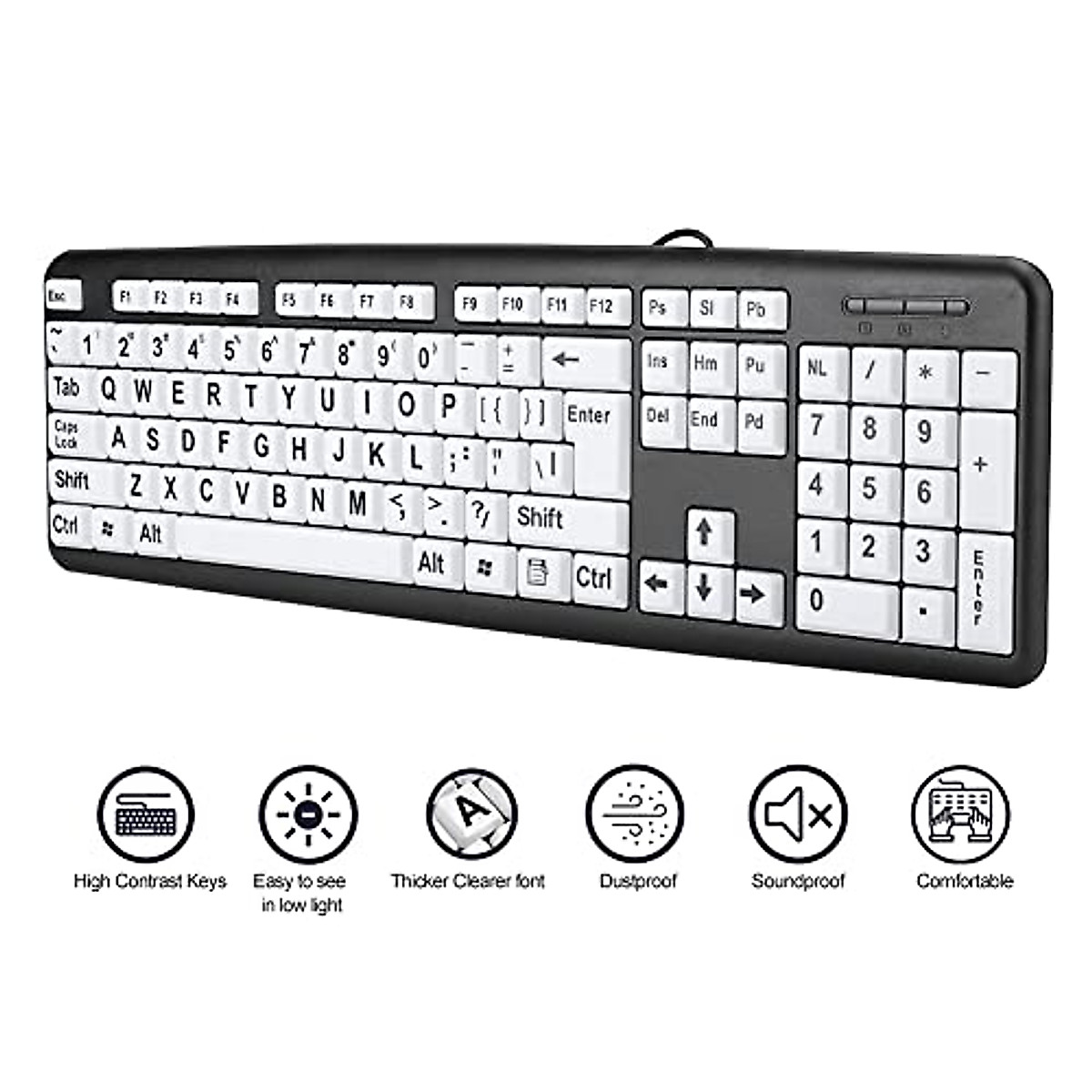 Large Print Computer Keyboard, 104 Keys Standard Full Size USB Wired with Foldable Stands, High Contrast Black and White Keys Perfect for Low Vision, Seniors and Those Just Learning to Type