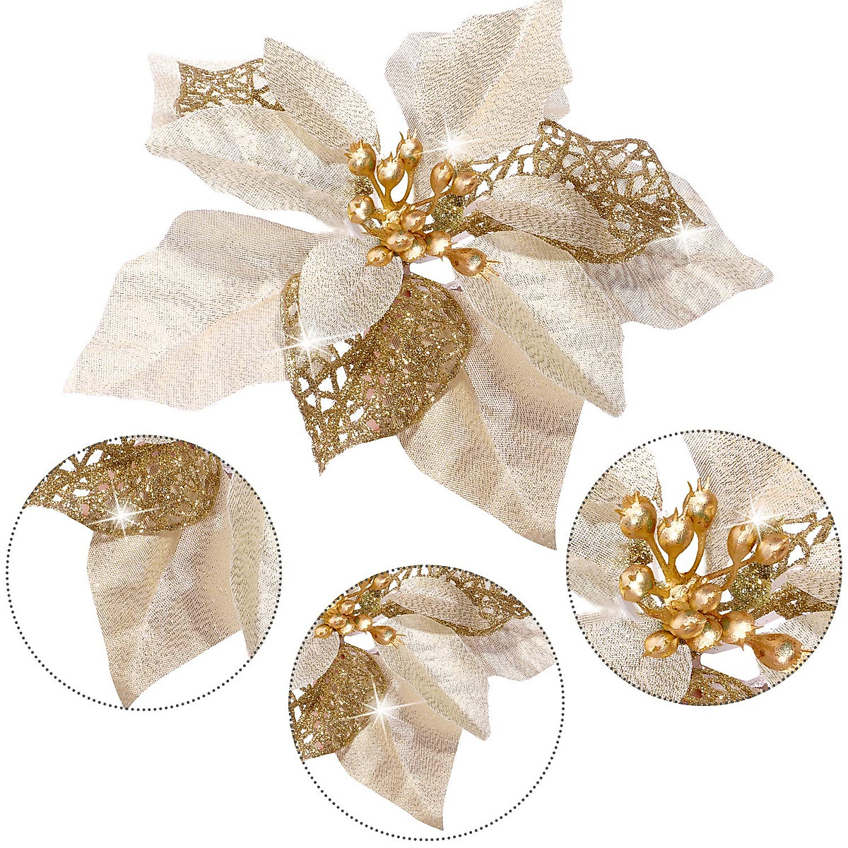 36 Pieces Christmas Glitter Poinsettia Faux Flowers Christmas Flowers Decorations Wedding Xmas Tree New Year Ornaments(Gold)