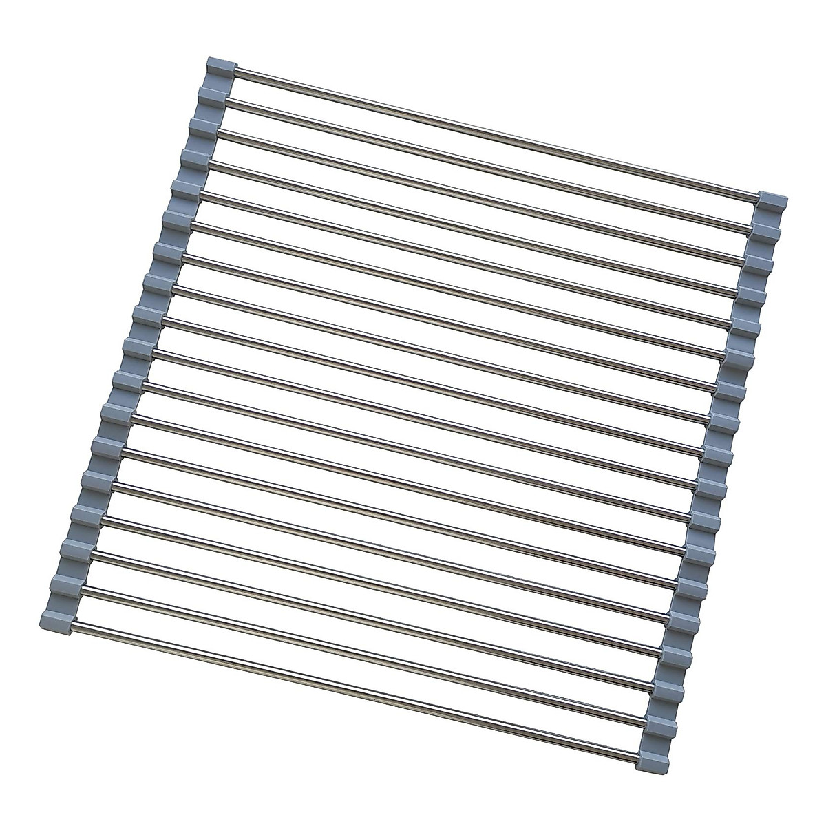 Roll Up Dish Drying Rack 14.5”(L) x 14”(W) Stainless Steel and Silicone Dish Drying Mat Over The Kitchen Sink Foldable Drain Rack Multipurpose Dish Drainer Fruits and Vegetable Rinser (Gray)