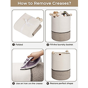 StorageWorks 58L Cotton Rope Laundry Basket with Wooden Beads Handles, Woven Basket for Storage, Dirty Clothes, Kids Toys, Towels, White & Light Brown