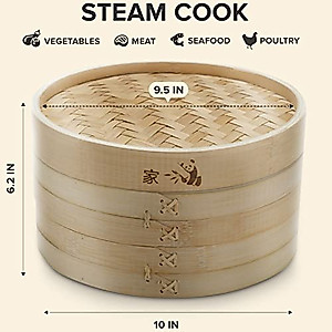 Prime Home Direct Bamboo Steamer Basket 10-inch | 2-Tier Steamer for Cooking | 50 Liners, Chopsticks & Sauce Dish | Dumpling Steamer, Food Steamer Baskets for Cooking - Rice & Vegetable Steamer Pot