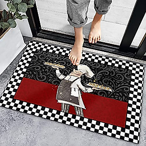 Indoor Doormat Absorbent Bath Rugs Entrance Non Slip Front Door Mat Chef Cook Food Kitchen Carpets White Black Checker Plaid Floor Mats for Bathroom Bedroom Living Room Decor 16x24In