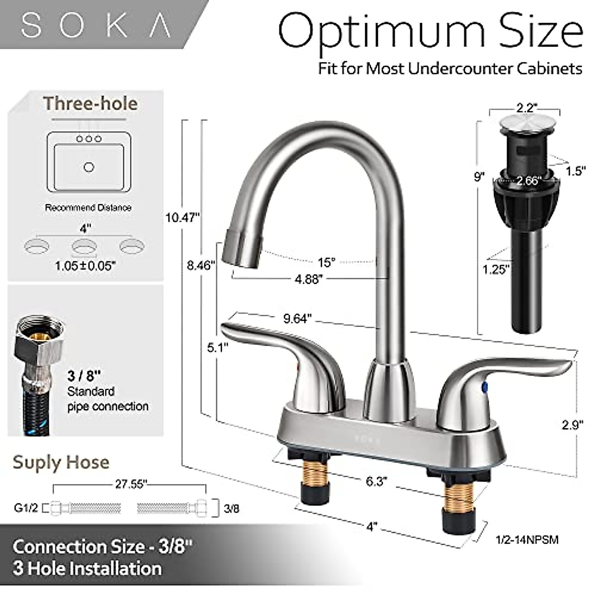 SOKA Centerset Bathroom Sink Faucet Two Handles High Arc 4" Lavatory Bath With Deck Plate & Pop-Up Drain Fit 3 Hole Installation, Brushed Nickel (SK18001NY)