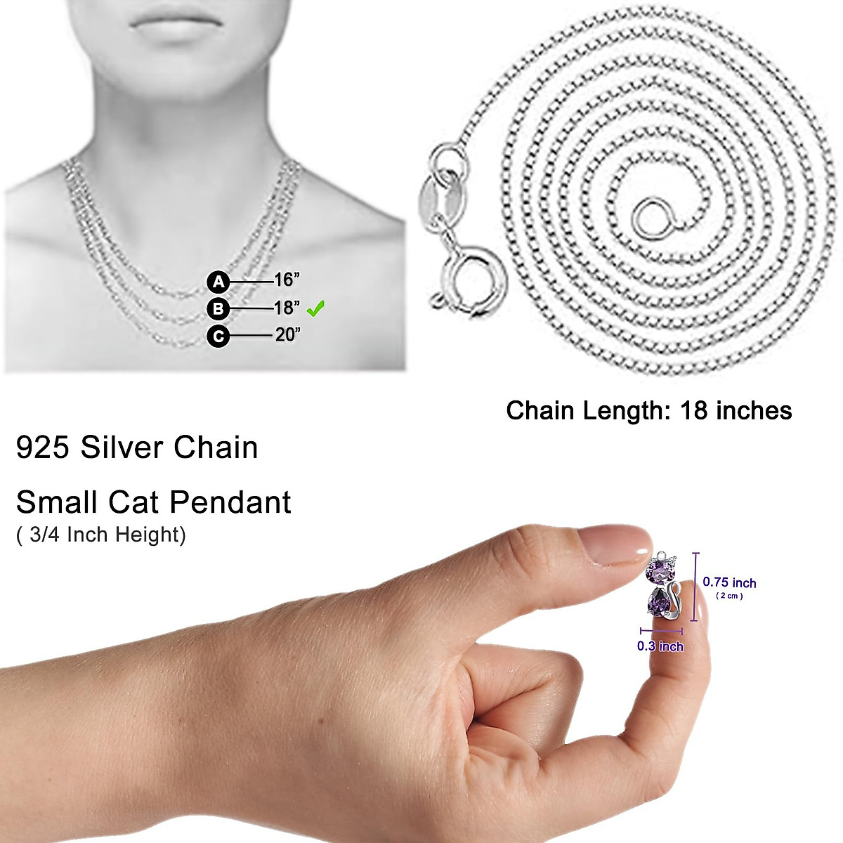 DreamsEden Cat Necklace, 18'' Silver Box Chain Women's Amethyst Cat Pendant Jewelry, Purple (Gift Box & Greeting Card)