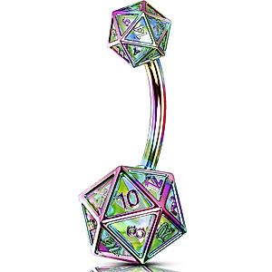 OUFER 14G Belly Rings, 20 Sided Dice Icosahedron 316L Stainless Belly Button Rings, DND Navel Piercing Jewelry, Curved Barbells