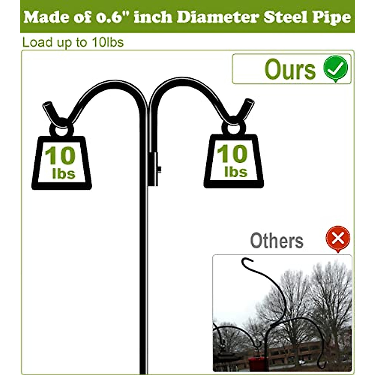 Koutemie 40 Inch Tall Double Deck Hook for Railing, Adjustable Outdoor Shepherds Hook with 2-Inch Strengthened Clamp for Hanging Plant Bird Feeder, 1 Pack