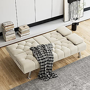 HIFIT Futon Sofa Bed, Upholstered Convertible Folding Sleeper Sofa Bed with Removable Armrests, Modern Futon Couch for Living Room, Bedroom, 2 Cupholders, Metal Legs, Beige
