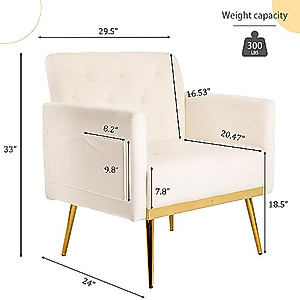 COCO DESIGN Velvet Accent Chair Set of 2 w/Gold Metal Legs, Mid Century Modern Reading Chair w/Side Pocket，Comfy Single Sofa Armchair for Living Room, Bedroom, Beige