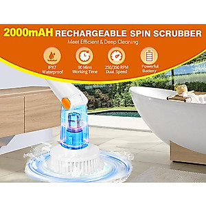 Zeutch Electric Spin Scrubber, 2024 Upgraded Cordless Cleaning Brush with Extension Arm, 4 Replaceable Cleaning Heads and Heads Holder, 74W Dual Speeds Power Scrubber for Tub, Grout, Floor, Bathroom
