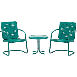 Crosley Furniture Bates Retro Metal Outdoor Loveseat Glider + 3-Piece Seating Set with Side Table and 2 Chairs, Turquoise Gloss