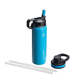 ThermoFlask Bottle with Chug Lid & Straw Lid - Insulated Stainless Steel Water Bottle with Leak-Proof Lids - Dishwasher-Safe Reusable Bottle & Lids - Durable Bottle, 2 Straws & 2 Lids - 24 oz, Capri