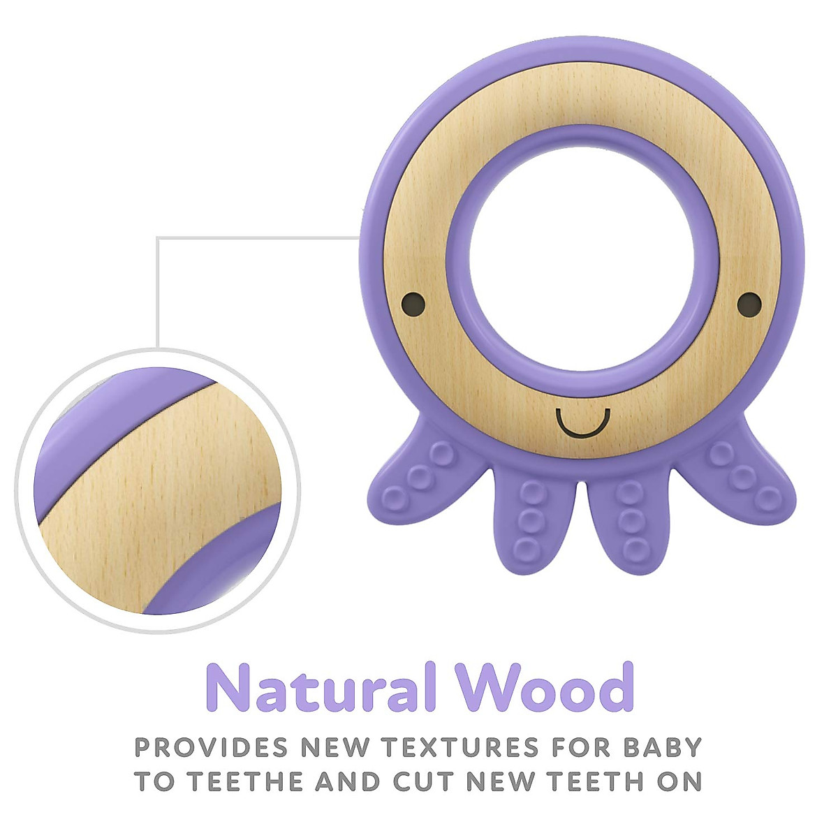 Nuby Natural Wood & Silicone Teether: Octopus, 3M+, Purple (80804)