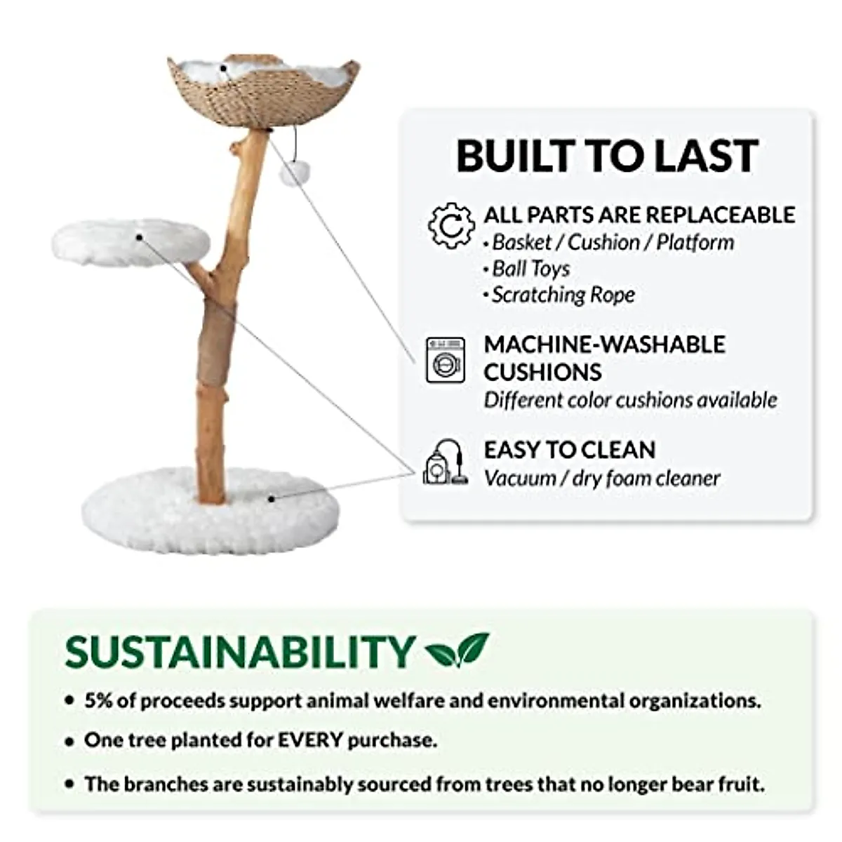 Wooden Cat Tree Tower, Modern Single Branch Cat Condo, Wood Cat Tree, Cat Climbing, Furniture for Cat, Cat Lover Gift, Cat Furniture,Cat Gift by MAU LIFESTYLE (Alpine White)