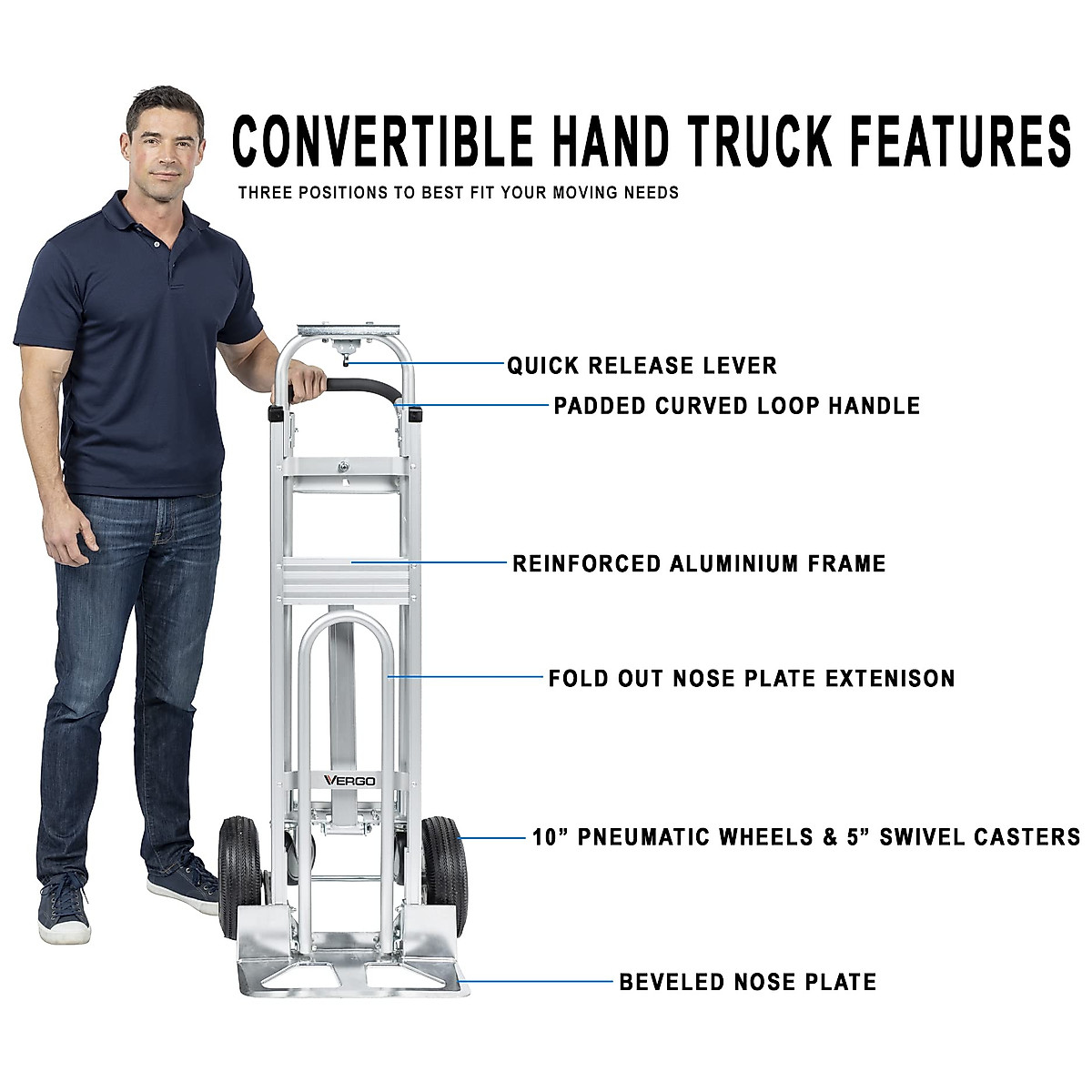 Vergo Industrial AS7A2 Aluminum Convertible Hand Truck Dolly Cart with Loop Handle 700 lbs Capacity (3 Positions, 53" High)