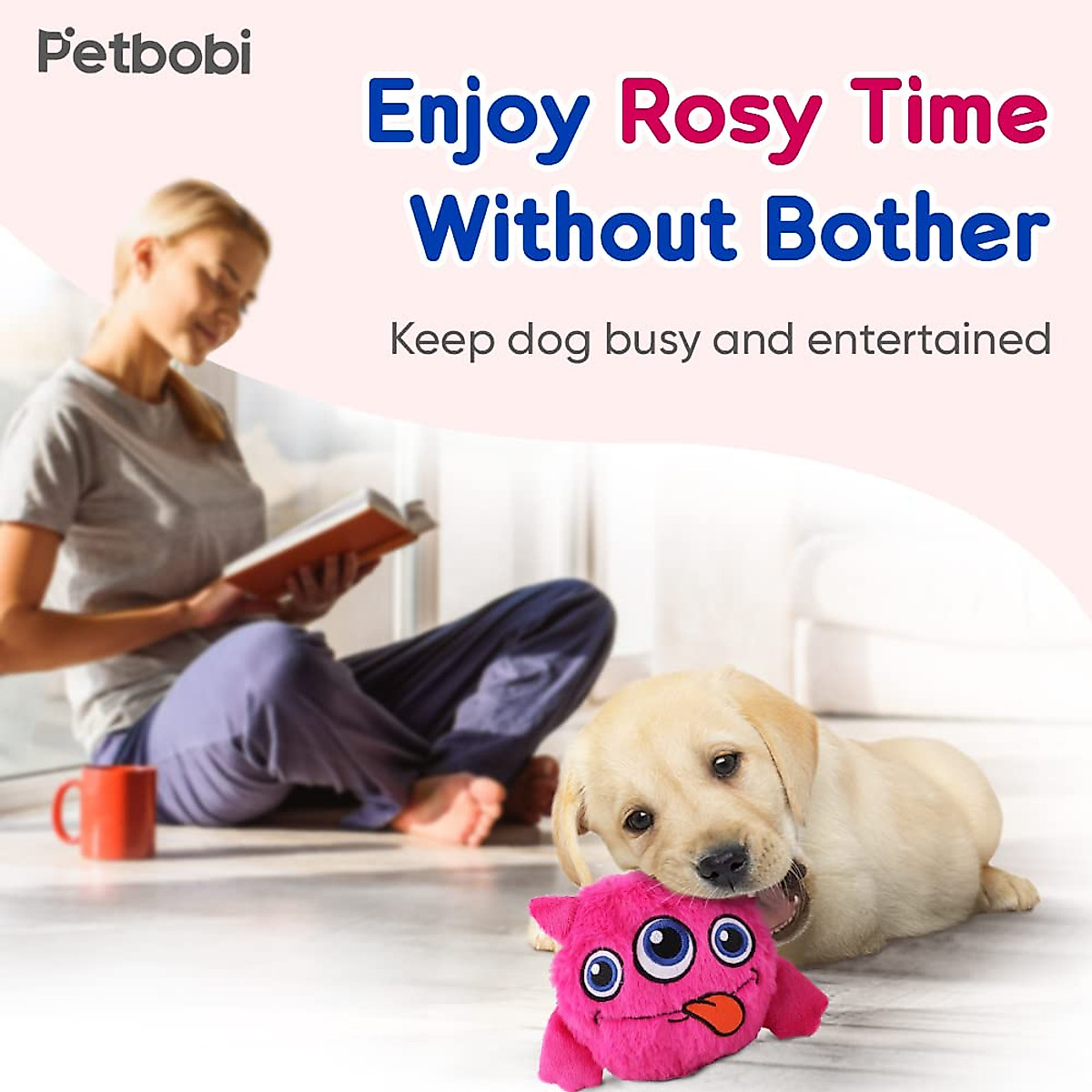 Petbobi Interactive Dog Toys Monster Active Ball for Dogs with Batteries, Self Moving Balls and Plush Cover for Small & Medium Dogs to Chase, Dog Toy Squeaky Crazy Bouncer Ball, Pink Bobby