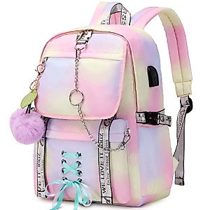 Hey Yoo School Backpack for Girls Backpack with Lunch Box School Bag Bookbag Aesthetic Cute Backpack Set for Teen Girls (Pink)