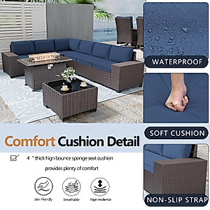 Rwnnad Patio Furniture Set Sofa 7-pcs Wicker Sectional Sofa Set with 55,000 BTU Gas Fireplace Table,Outdoor Furniture Rattan Sets with Tempered Glass Coffee Table