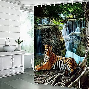 Waterfall Tiger Shower Curtain Wild Animal Tiger Nature Green Forest Tree Lake Tropical Landscape Misty Jungle Rainforest Spring Summer Scenery Fabric Bathroom Decor Curtain with Hooks