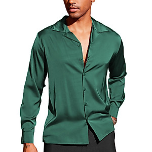 COOFANDY Mens Dress Shirts Long Sleeve Satin Button Down Shirts Shiny Prom Party Shirts Lake Green