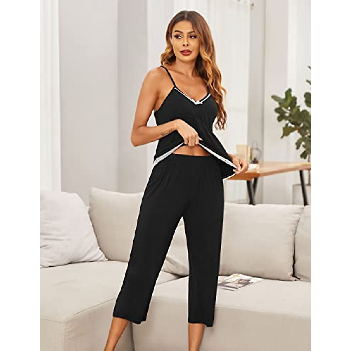 Ekouaer Womens Summer Pajamas Set Capris Pants Sexy Sleepwear Cami Nightwear Pj Set Black XXL