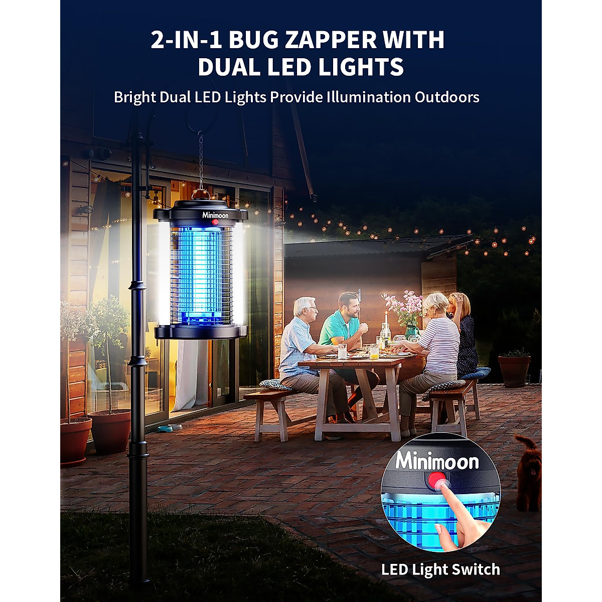 Minimoon Bug Zapper Outdoor, Upgraded Mosquito Zapper with Dual LED Light, 4200V Fly Zapper, 15W Electric Fly Traps Outdoor, IPX4, 8.2Ft Cord, Insect Trap for Yard, Backyard, Patio