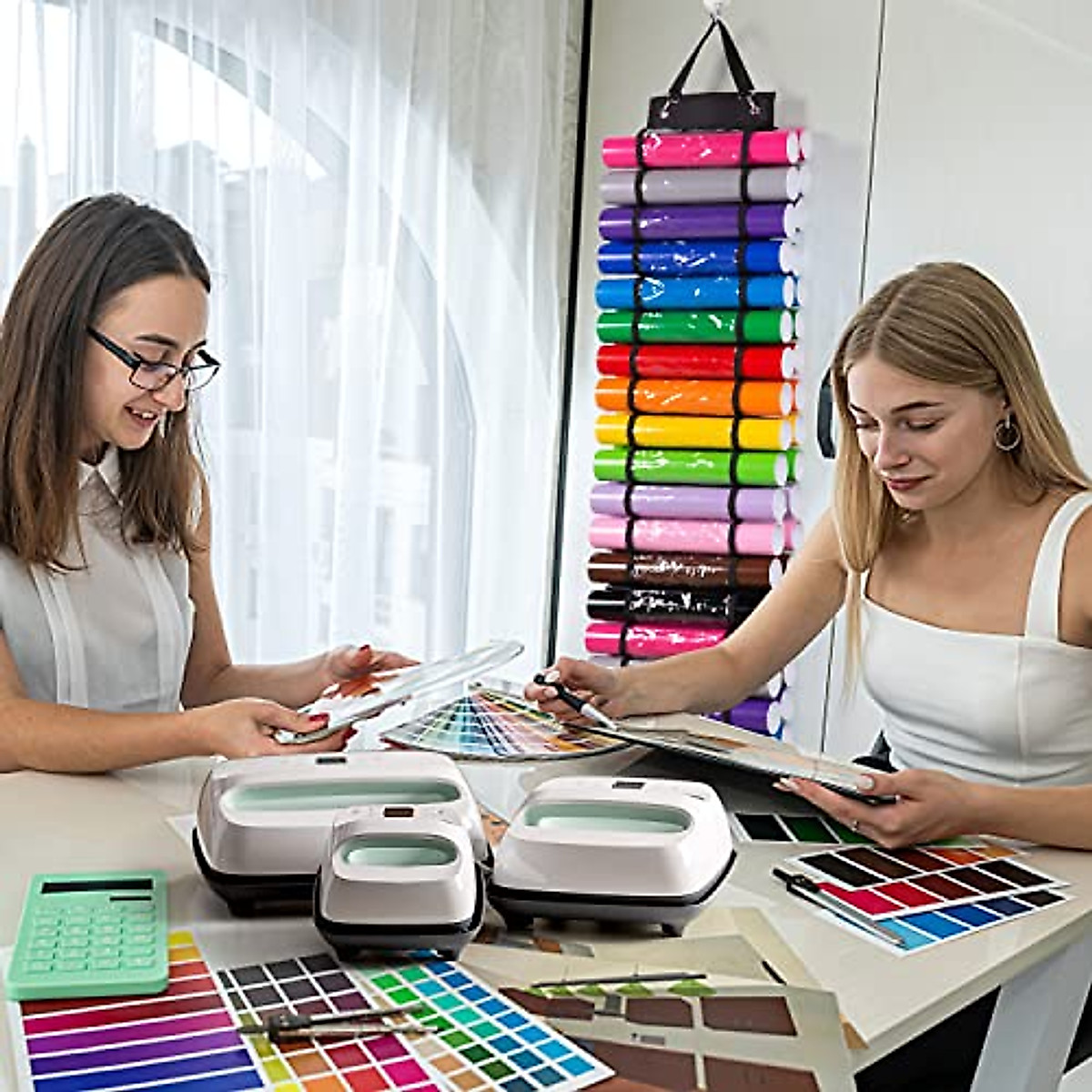 AGX Bravo Vinyl Roll Holder with 48 Compartments - Clear Vinyl Storage Organizer Wall Mount/Over The Door, Hanging Craft Vinyl Storage Rack with Door Hooks and Strap (Black)