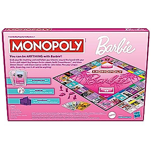 Monopoly: Barbie Edition Board Game, Ages 8+, 2-6 Players, Fun Family Games for Kids and Adults, with 6 Barbie-Themed Pink Zinc Tokens, Kids Gifts