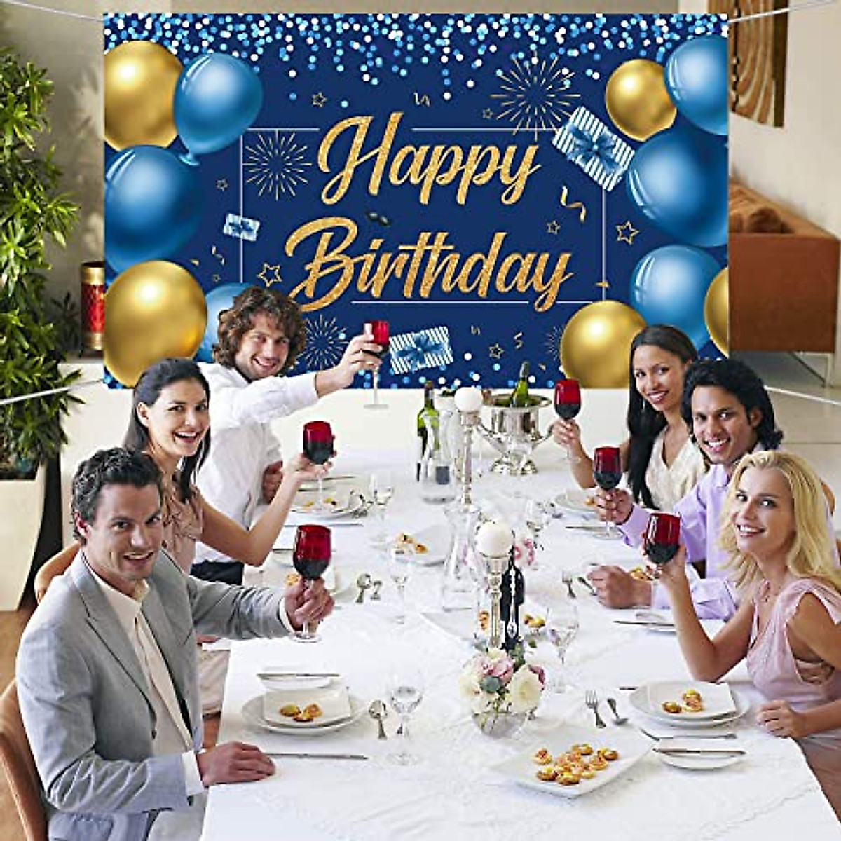 Lovyan Happy Birthday Banner Backdrop Extra Large Fabric Blue Gold Sign Poster Photo Booth Background for Men Women Birthday Anniversary Party Decoration Supplies, 71 x 43.3 Inch (Gift)